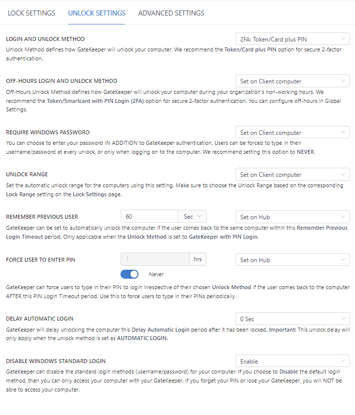Change Unlock Settings from the GateKeeper Hub admin console. – GateKeeper
