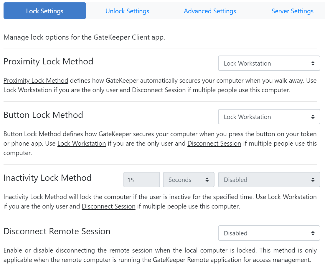 Change Lock Settings through Client desktop application. – GateKeeper