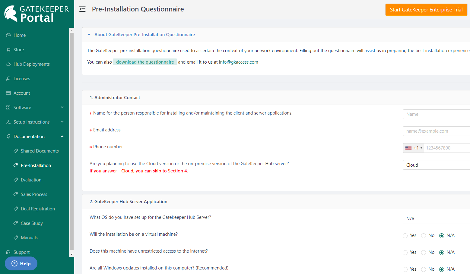 Pre-Installation Questionnaire for admins. – GateKeeper