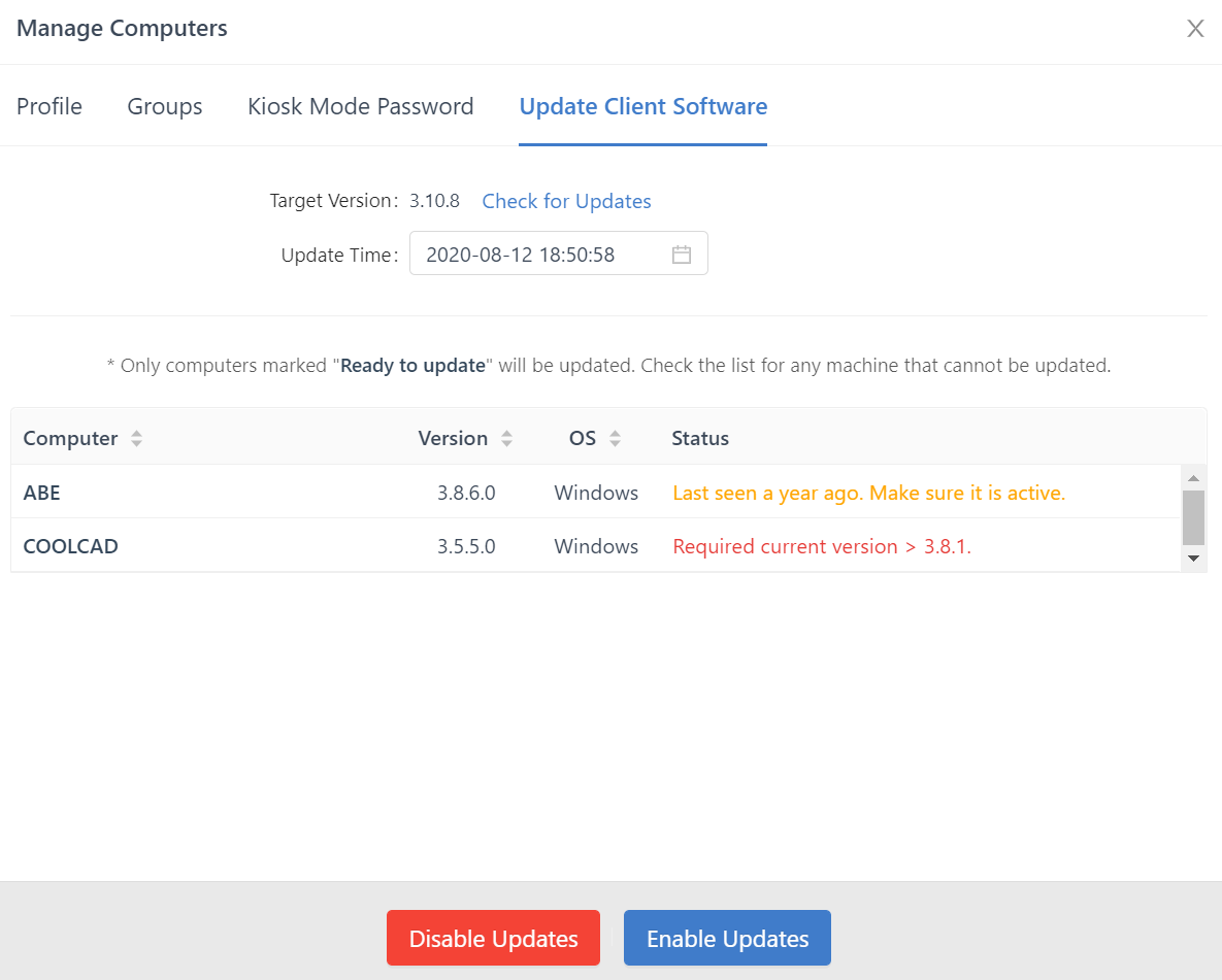 Schedule GateKeeper Client software update for computers. – GateKeeper