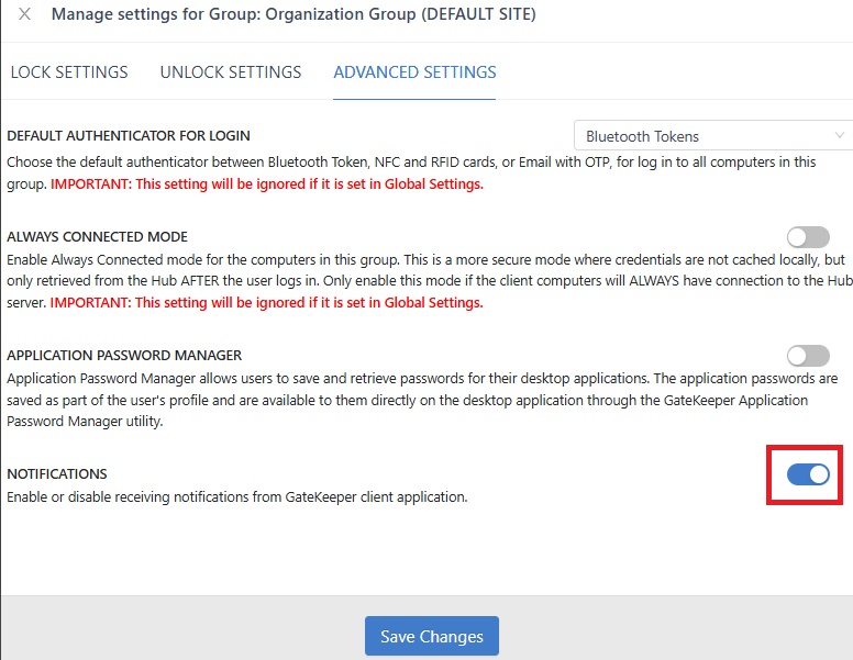 'Notifications' option in the GateKeeper Client desktop application ...
